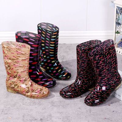 雨靴中筒雨鞋防水鞋花布加绒棉胶鞋套鞋水靴女成人高筒防滑保暖冬