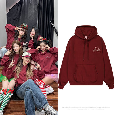 Apink2025PINK CHRISTMAS演唱会周边同款卫衣服酒红色印花连帽衫