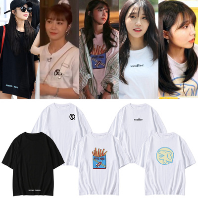 APINK组合周边郑恩地衣服同款t恤宽松落肩短袖印花男女打歌服