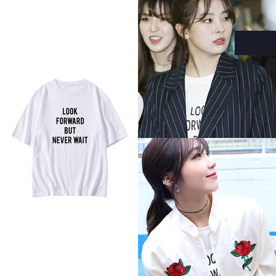 Apink郑恩地姜涩琪街拍衣服同款t恤宽松落肩短袖印花上衣