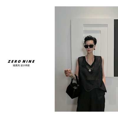 Dan Dan 黑色镂空无袖背心上衣女 V领夏季新款T恤