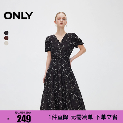 绫致ONLY冬季新款法式V领泡泡袖碎花中长裙连衣裙女