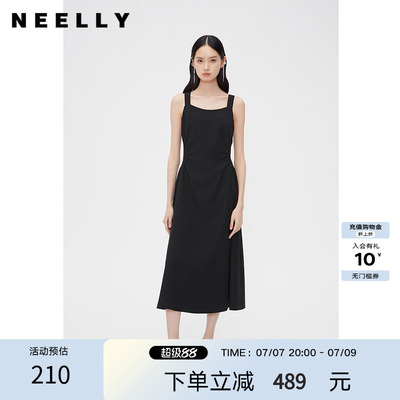 NEELLY纳俪商场同款春秋新款方领吊带裙女收腰显瘦高级感优雅长裙