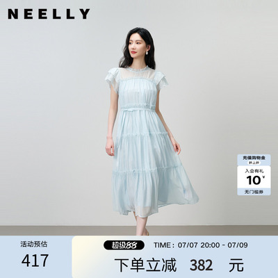 NEELLY纳俪商场同款夏新款法式温柔小飞袖连衣裙女减龄显白蛋糕裙