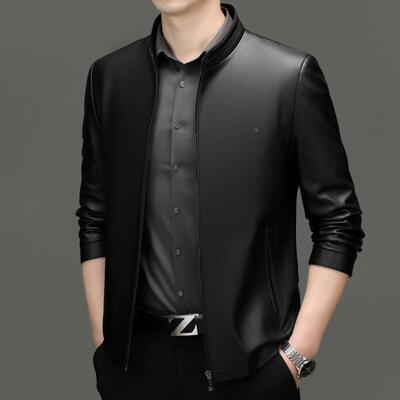 春秋新款男士翻商真22088-C衣皮上绵羊领皮休闲父亲立领务外套高