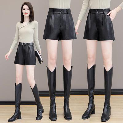 4皮短新裤女202秋冬季款绵羊皮阔腿裤高休闲腰裤11128宽松裤子外