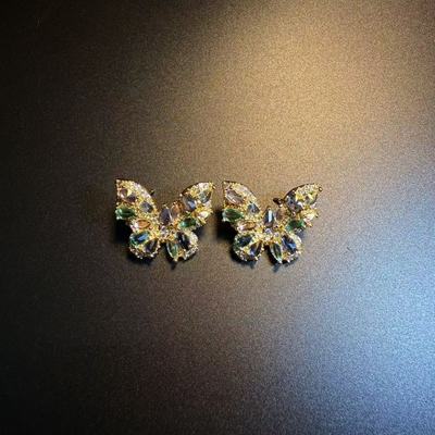 开花的橄榄 Vintage古着 Crystal Wings绿色蝴蝶耳钉 耳环 耳饰