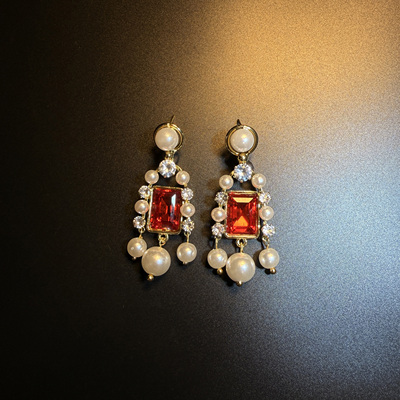 开花的橄榄 Vintage古着 Gilded Drop红色珍珠流苏耳钉 耳环 耳饰