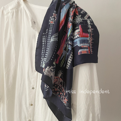 出口美单 City Hopping轻薄真丝斜纹蚕丝巾小方巾围巾领巾 深蓝色