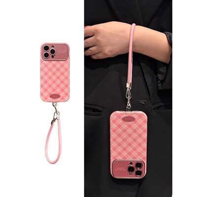 粉视窗菱格英文适用苹果17手机壳新款iphone17proma带挂绳防摔苹果16ProMax苹果15pro全包13高级14pm女保护套
