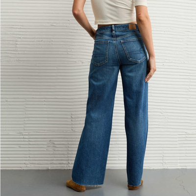 大牌鹰秋冬155-175蓝色美单弹力大直筒阔腿拖地高腰牛仔裤分长短