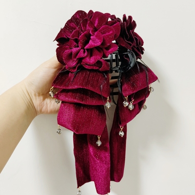 （满15包邮发货）高奢感重工满天星丝绒飘带花朵五指抓夹马尾抓