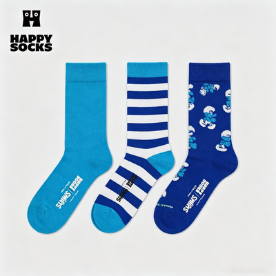 【2026新款】Happy Socks X 蓝精灵联名3双装中筒袜可爱百搭袜子