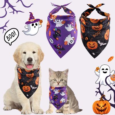 2 Pack Halloween Dog Bandanas Pumpkin Ghost Dog Triangle Sca
