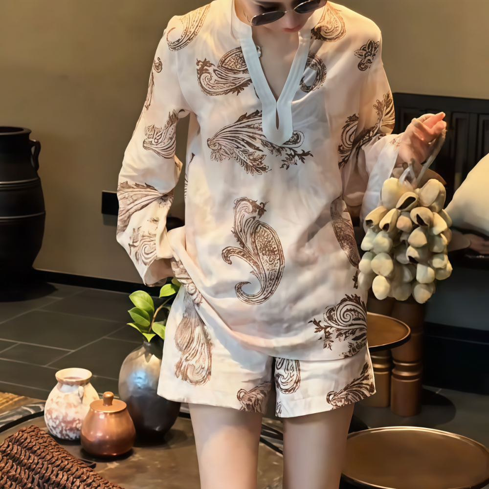 高级感亚麻老钱风印花系带显瘦汉服套装拼接显瘦通勤度假两件套装