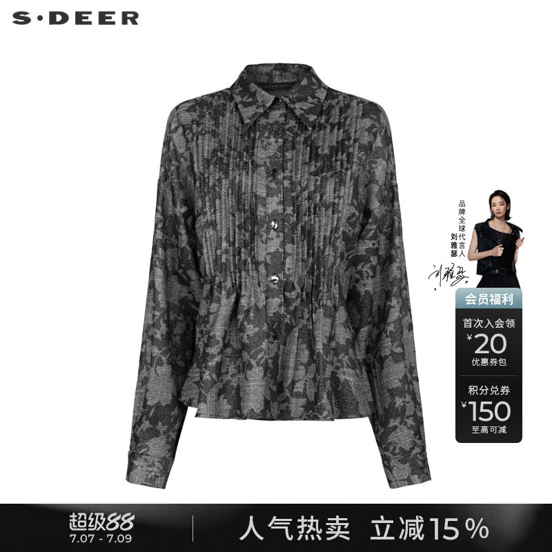 sdeer圣迪奥秋装女装复古翻领风琴褶印花长袖衬衫S241Z0512