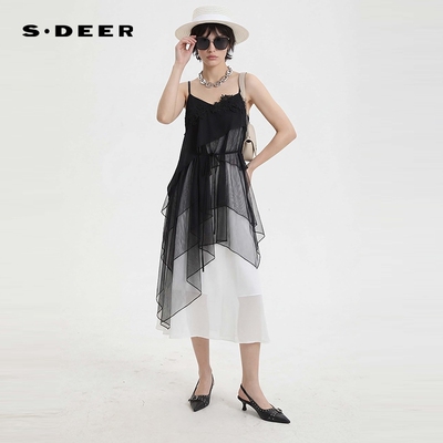 sdeer花边收腰撞色吊带连衣裙