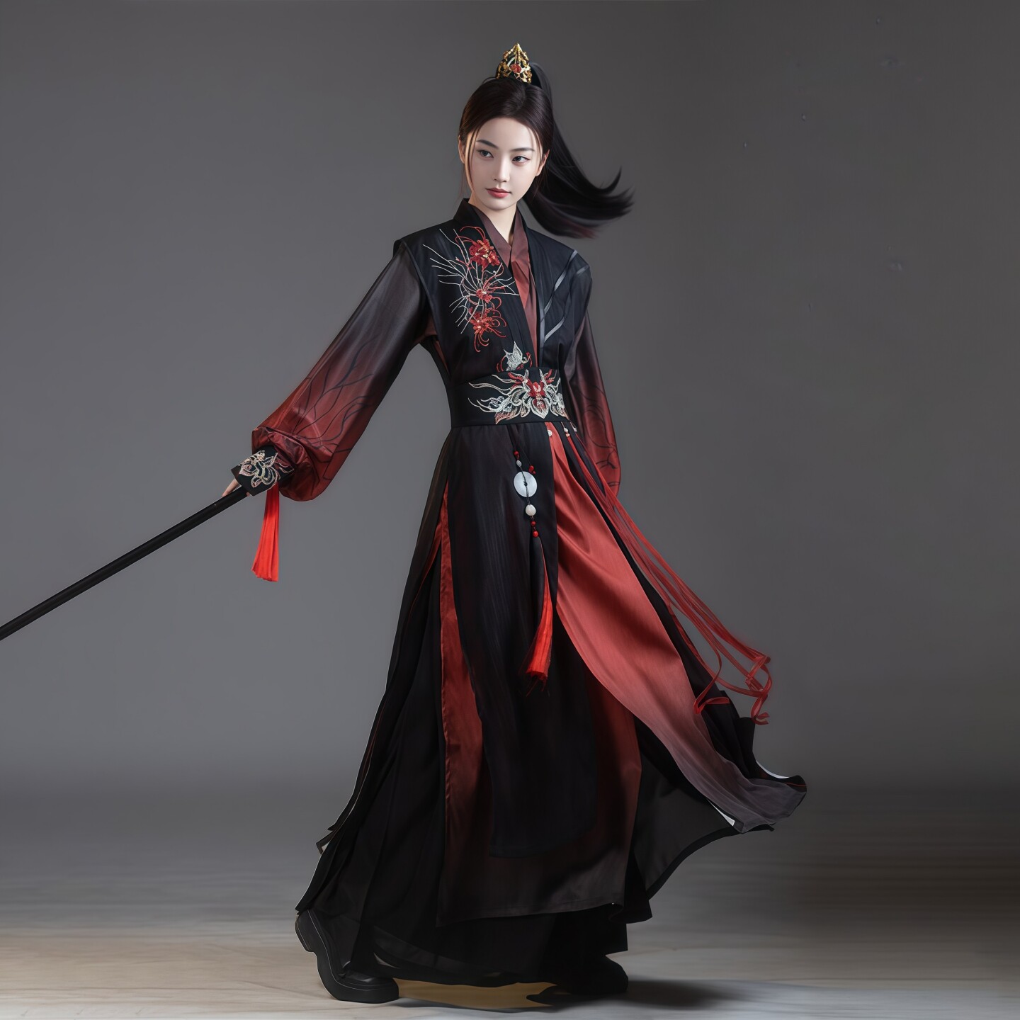 汉元素宋制交领长衫褙子比甲彼岸花蜘黑红帅气男款情侣汉服套装