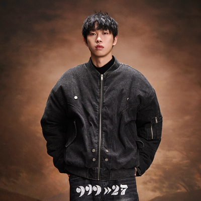2727WORLD黑牛仔洗旧Bomber棉服
