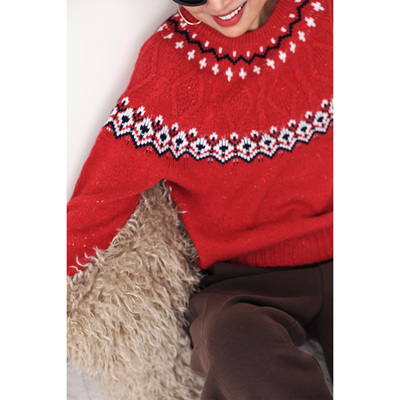 ise“马上红”100%绵羊毛费尔岛新年针织开衫毛衣K2540849W