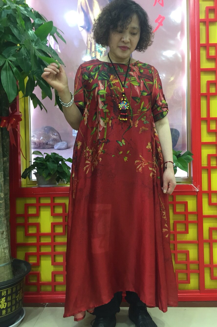 花辰月夕2019夏季新真丝民族风情连衣裙圆领七分袖宽松大码女装