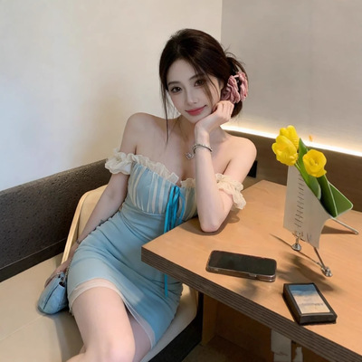 法式纯欲气质一字领抹胸感连衣裙女名媛网纱拼接收腰短裙子TZ6957