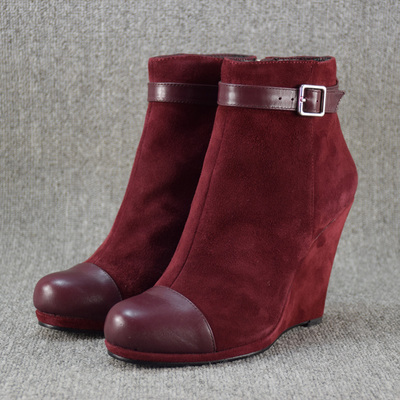 外贸清仓大码秋冬真皮坡跟短靴高跟厚底踝靴马丁靴女短筒靴子清仓