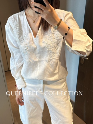 QUEENIE2025春夏新款 高级重工珠片盘绣V领宽松白色亚麻长袖衬衫