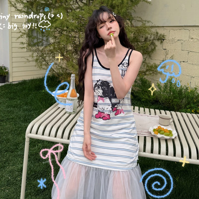 夏季甜美网纱条纹背心睡裙家居服