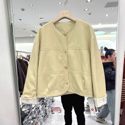 82506欧洲站时尚百搭PU皮短外套女蕾丝拼接显瘦2025春季