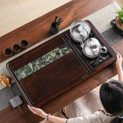 新款茶盘家用全自动一体式奢石岩板乌檀色实木茶具套装办公室茶台