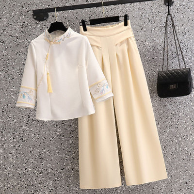 中国风唐装套装上衣改良民国汉服旗袍阔腿裤两件套女采耳师工作服