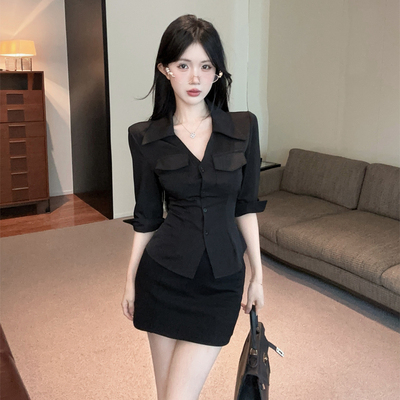 纯欲辣妹风性感黑色中袖衬衫包臀裙两件足疗养生技师服高级感套装