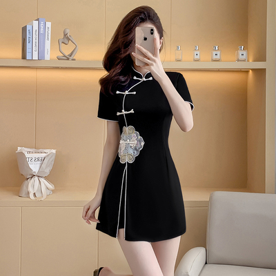 spa柔式性感工作服足浴技师旗袍遮肚子中式春季短袖上班日常女装