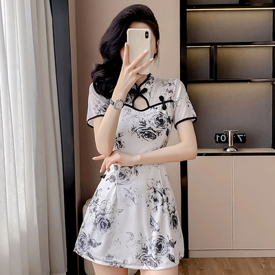 柔式spa按摩足浴技师工作服复古国风网纱印花旗袍连衣裙短裤套装