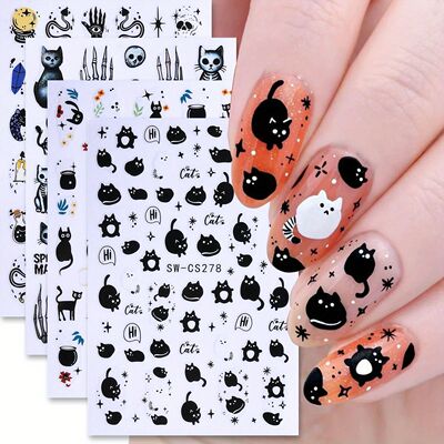 4pcs Kawaii Black Cat Nail Art Decals Skull Spooky Design Ad