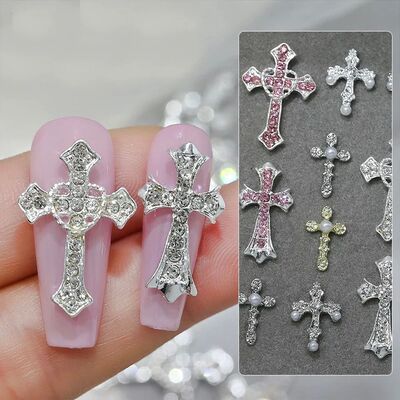 5pcs Y2k Gothic Luxury Cross Nail Art Charms 3D Pink/Silve/B