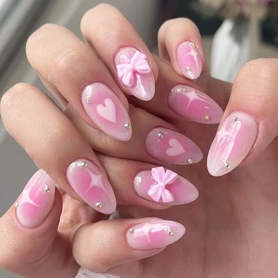 24Pcs Blush Pink Fake Nails Almond 3D Bowknots Decoration Pr