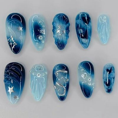 24Pcs Mid-length Almond Press on Fake Nails 3D Ripple Heart