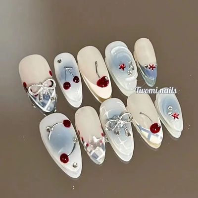 10Pcs Handmade Press on Nails French Almond Full Cover Cherr
