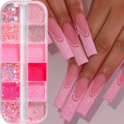12Grid Pink Glitter Nail Powder Mixed Holographic Hexagon Ir