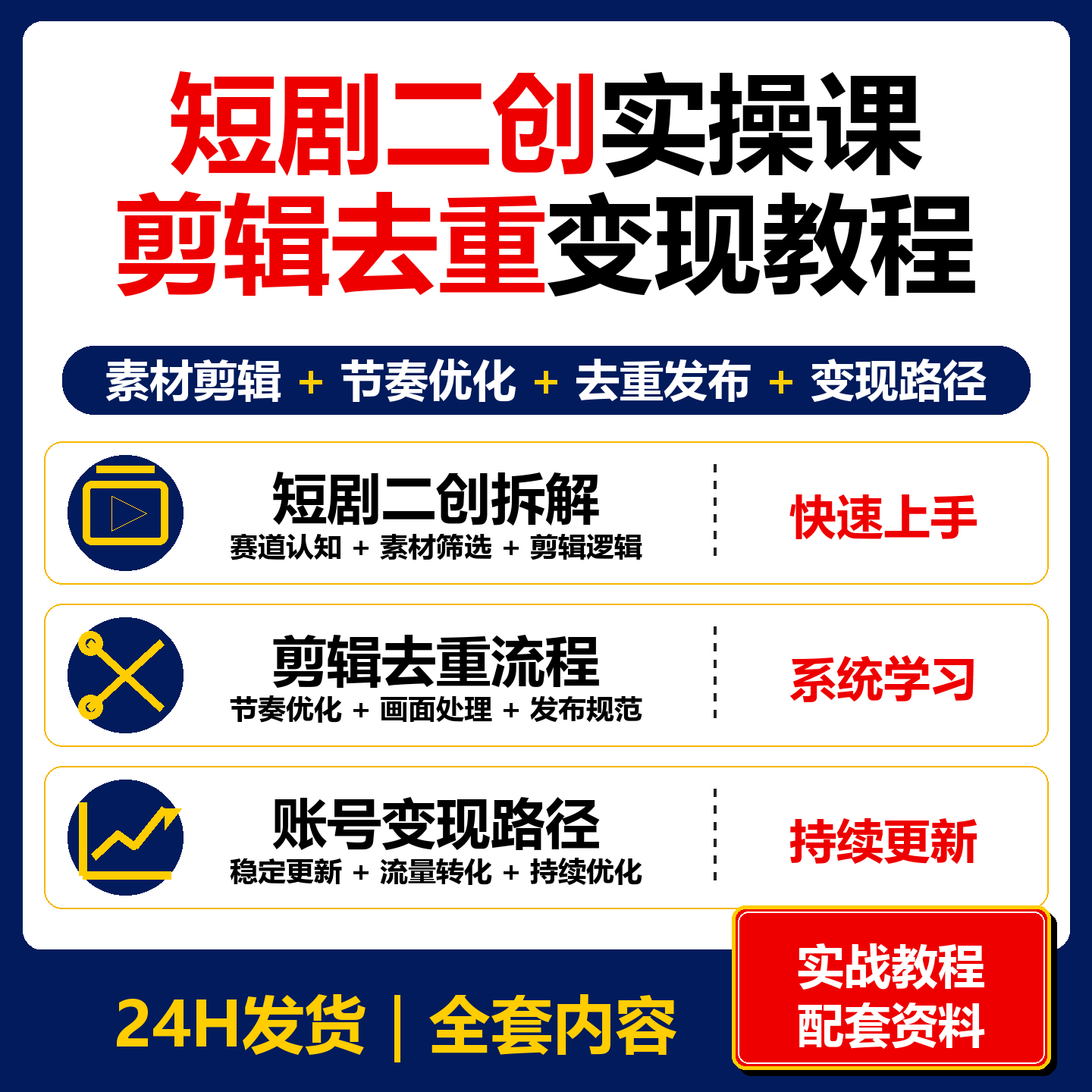 短剧二创实操课 影视剪辑去重节奏优化百万播放变现教程资料