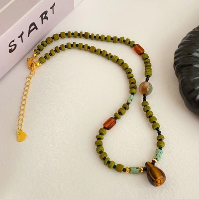 新中式复古串珠水滴吊坠项链时尚典雅高级感小众设计感锁骨链新款