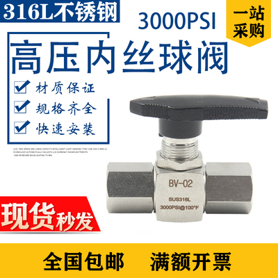 316L高压内丝球阀3000PSI内外丝NPT1/4双外BV-02大流量3/8面板1/2