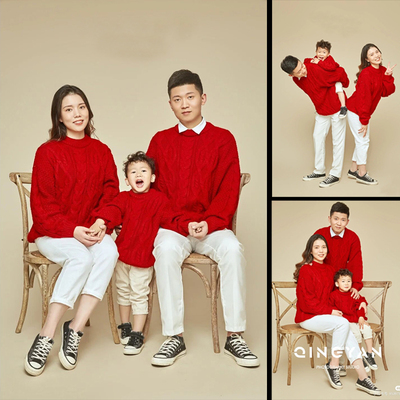 儿童摄影影楼全家福新年红色毛衣