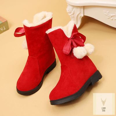 清仓女童公主雪地靴冬中国风一脚蹬高筒保暖加绒防寒红色棉鞋