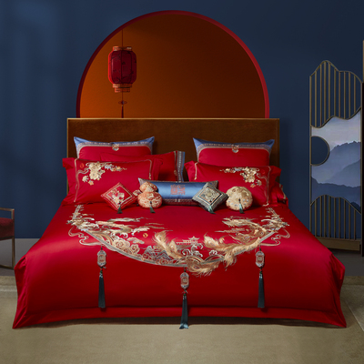 晋帛家纺婚庆大红套件十件套六件套龙鸣凤悦