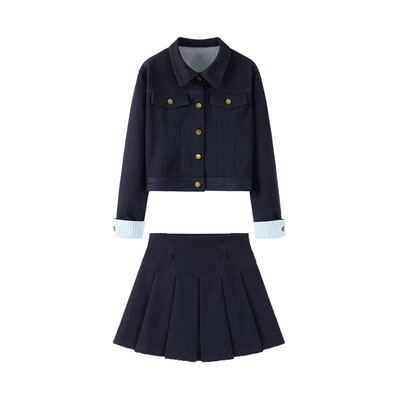有腰带】时尚牛仔外套百褶裙套装女2025新款春秋装两件套装P8009