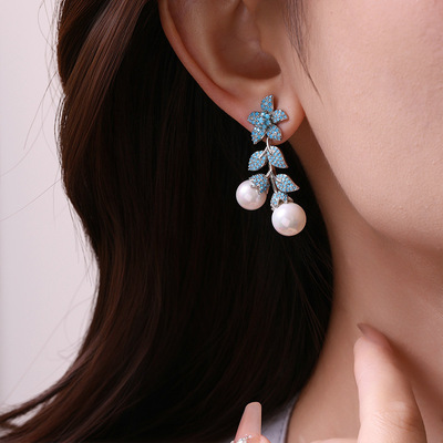 法式优雅气质款树叶珍珠耳环小众高级感锆石微镶灵动复古银针耳饰