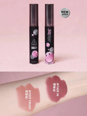 实体店发3CE新品粉酷笑脸系列唇釉cozy crush肉粉色fade in烟紫色